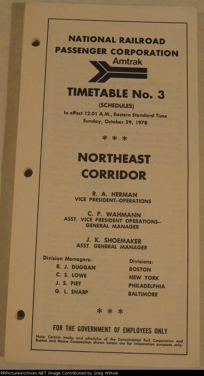 Amtrak Northeast Corridor Timetable (Schedules) Number 3