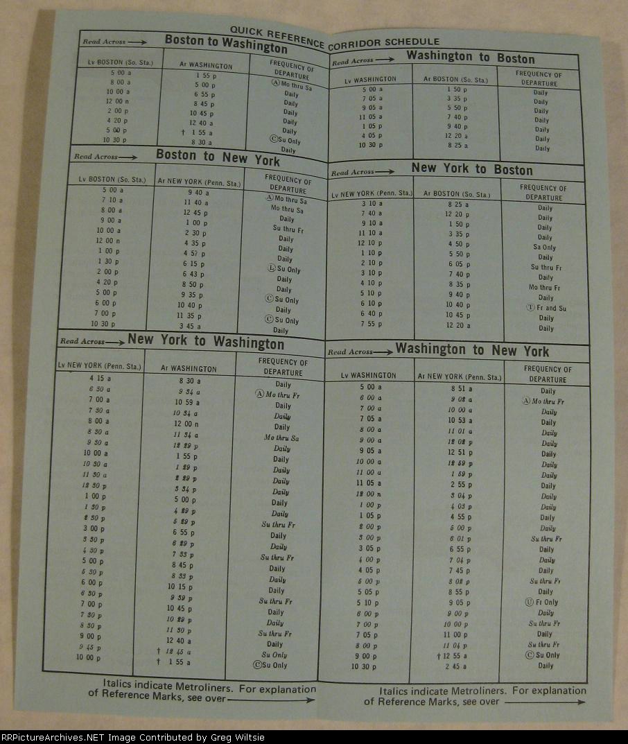 Inside of Amtrak Northeast Corridor Quick Reference Timetable