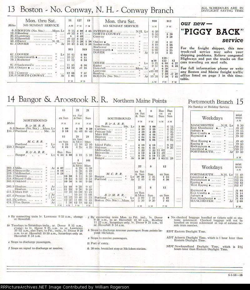 Boston and Maine Railroad - Conway Branch Time Tables - 1958