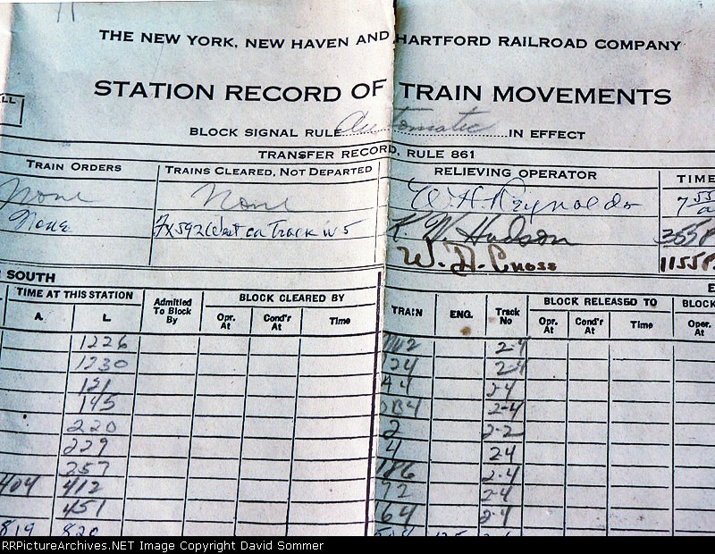 NYNH&HRR Train Movement Records