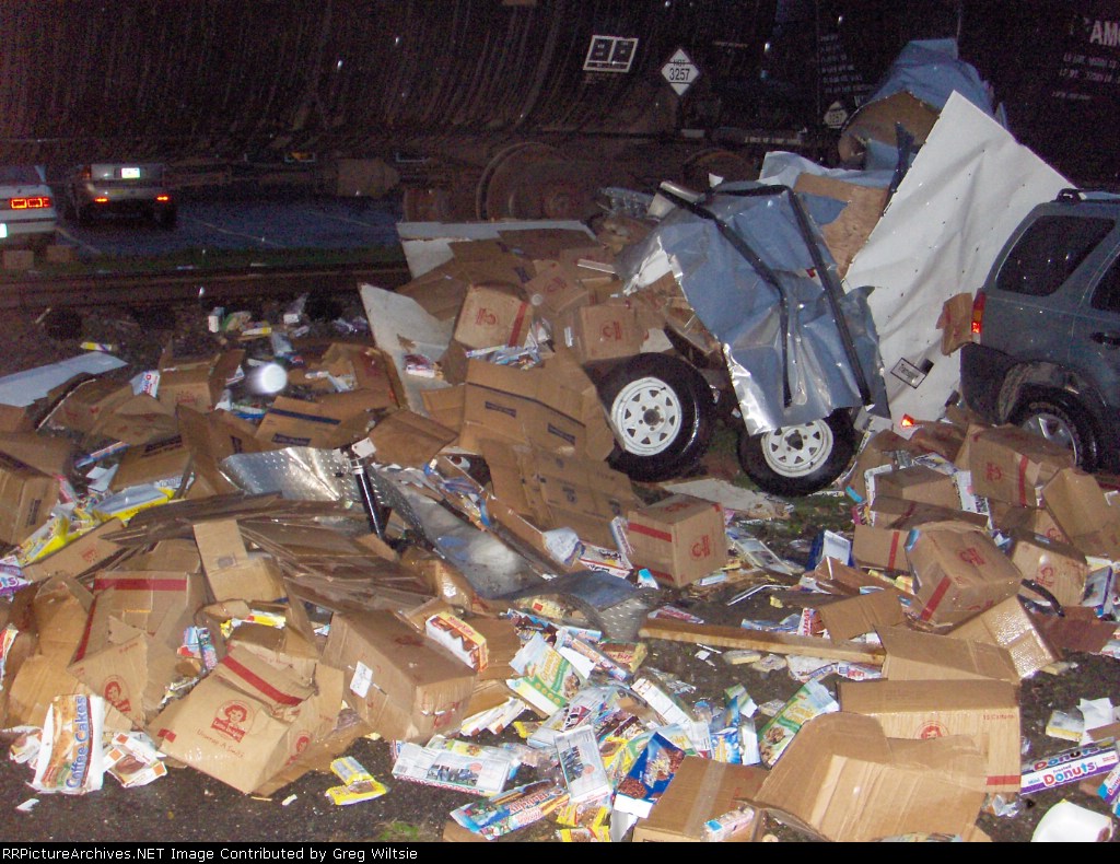 Destroyed boxes of Little Debbie snack cakes