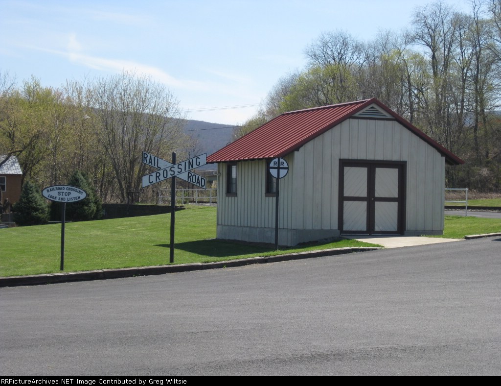 Railroad signs and storage shed at the Amtrak station