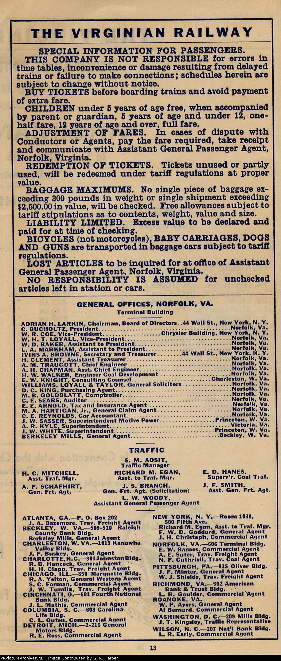 Virginian Ry. (VGN) 1937 timetabel - Instructions and Officer list