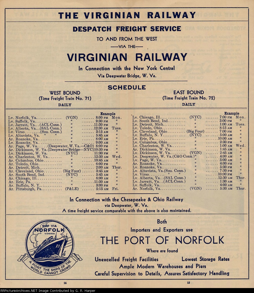 Virginian Ry. (VGN) 1937 timetable. Rear cover. Time freight schedule