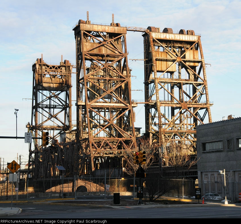 The multi-track lift spans across the Passaic River in late afternoon ...