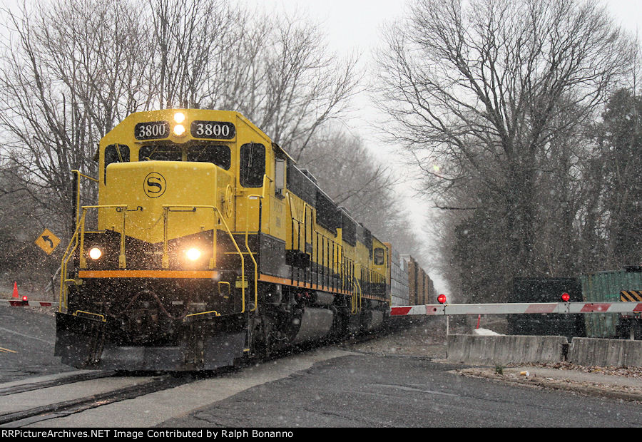 NYS&W SU-99 westbound at Rock road in a mid March light snowfall