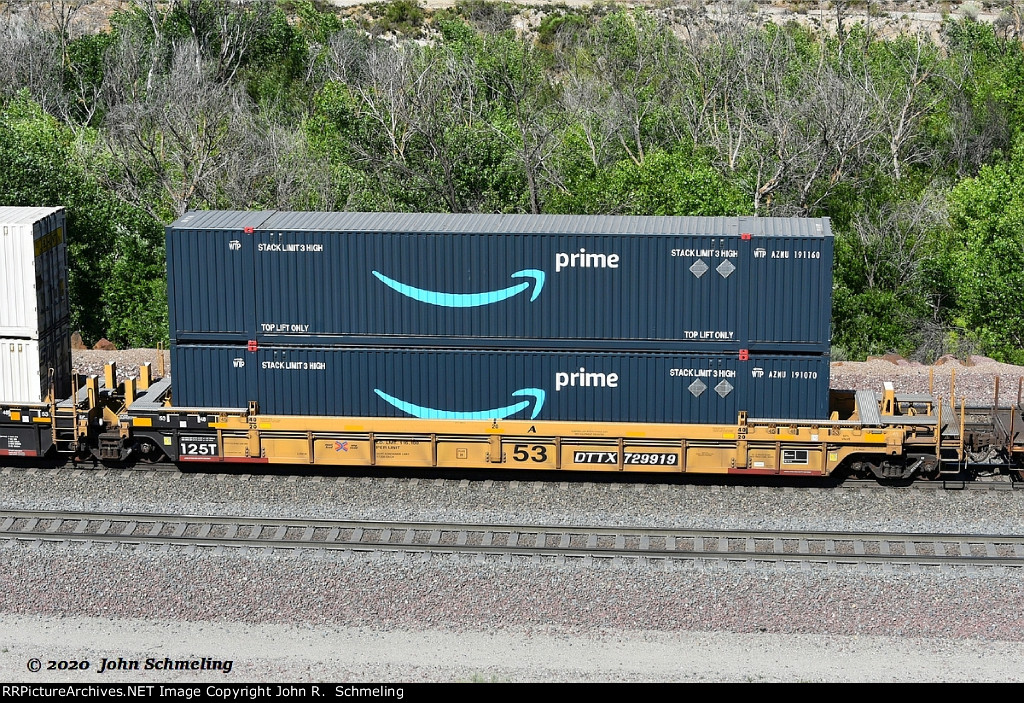 DTTX 729919-B with two 53' Amazon Prime containers at Cajon CA. 6/16/2020