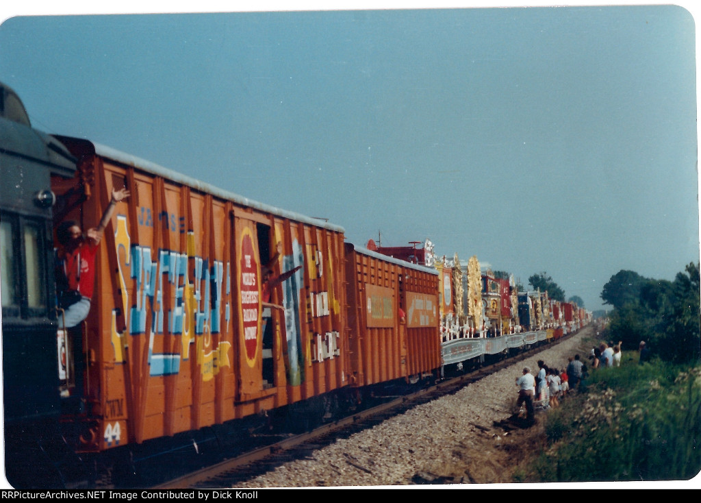 Circus World Stock and baggage cars on 1987 Circus Train