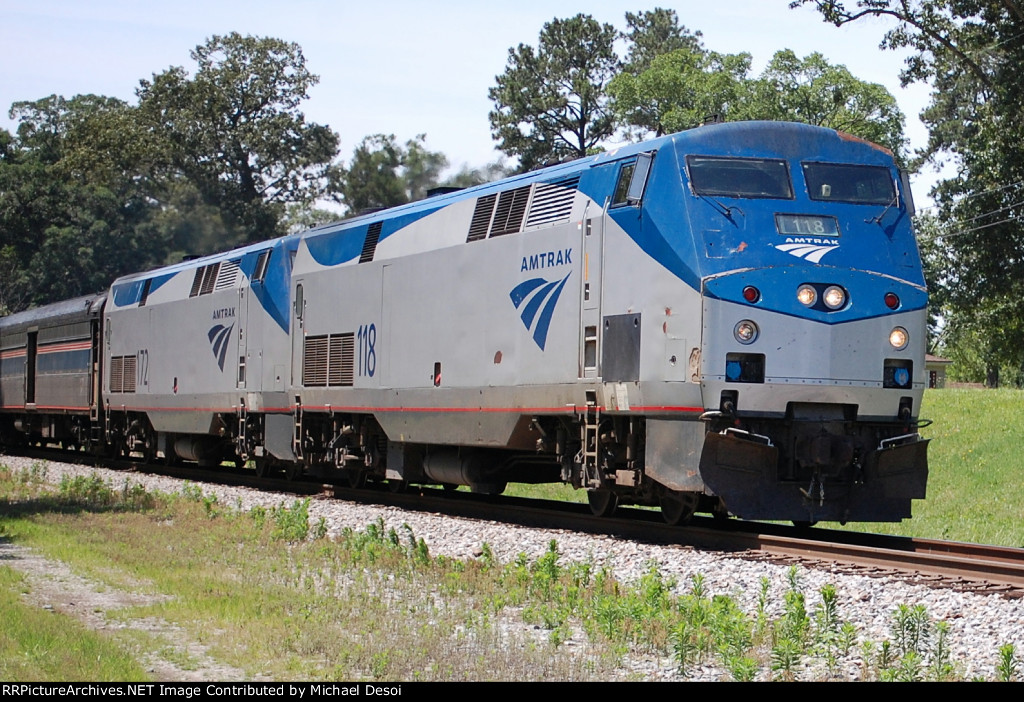 Amtk P-42 DC #118 & 172 bring a northbound across Halligan Park Road