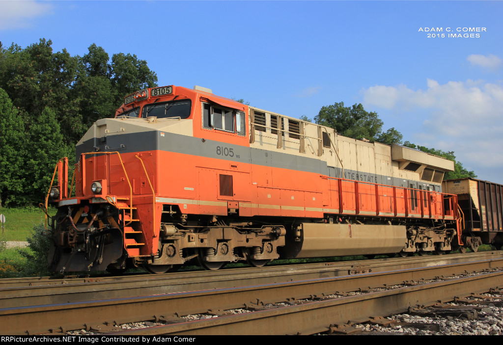 The Interstate Heritage Unit, NS 8105, sits at Yankeetown Docks, IN