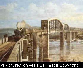this is a painting of a train crossing the Saltash bridge from Devon ...