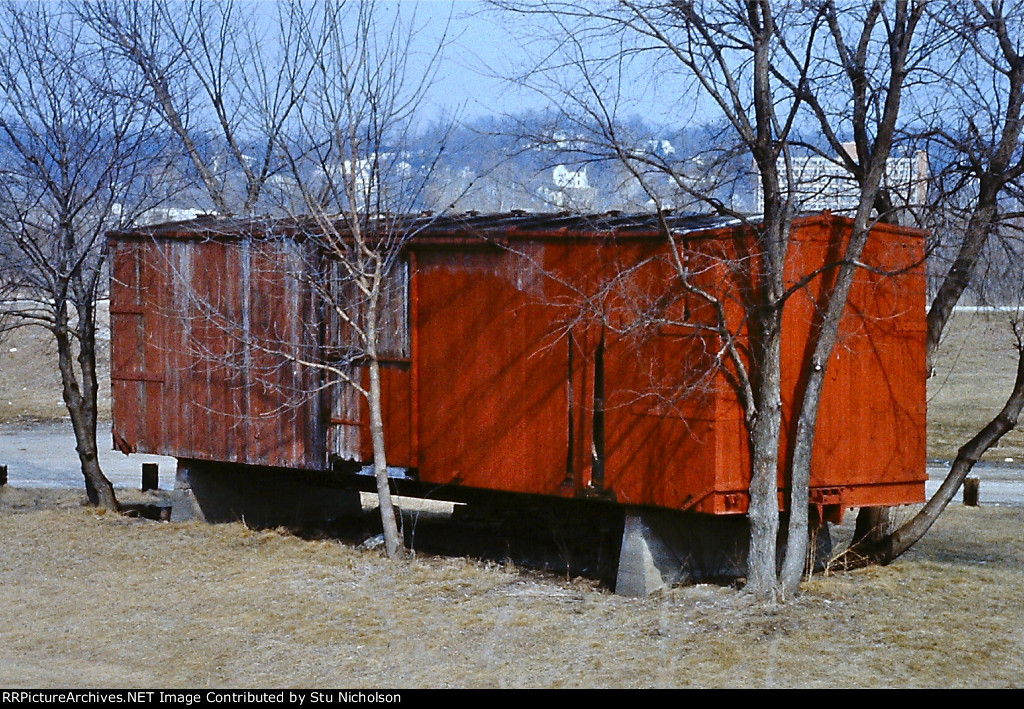 Old wooden boxcar at Ottumwa, Iowa in 1982.