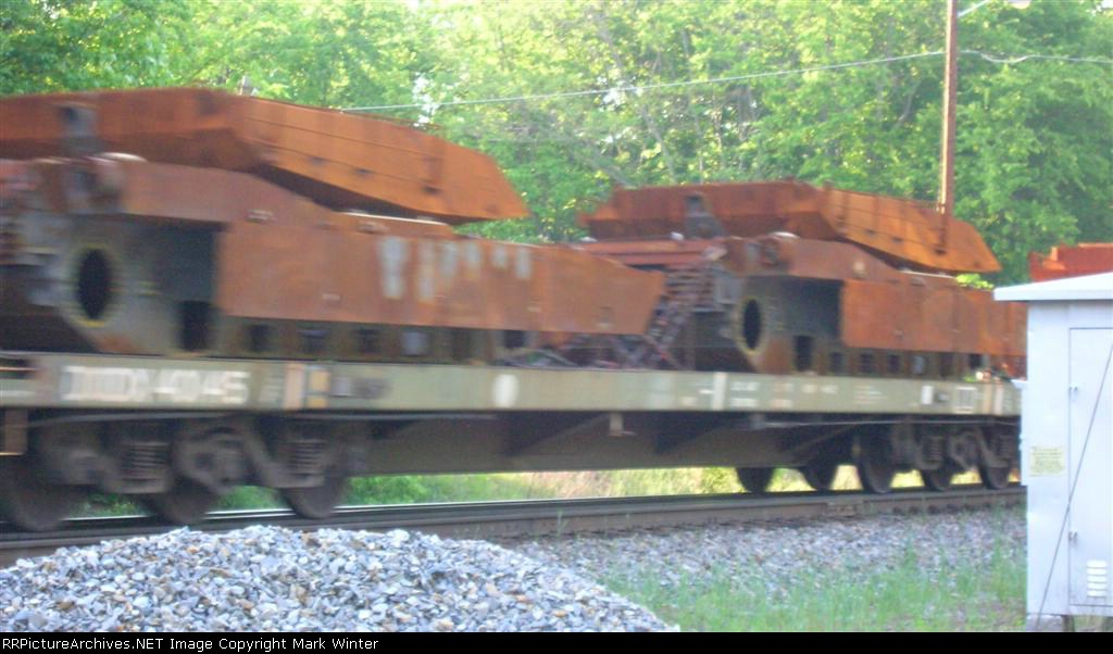 Army tank frames NB at Old Hixson Pike, on DODX flatcars,