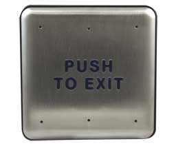 BEA 10PBSE 4 3/4" Square Stainless Push Plate, Blue "Push To Exit" Text