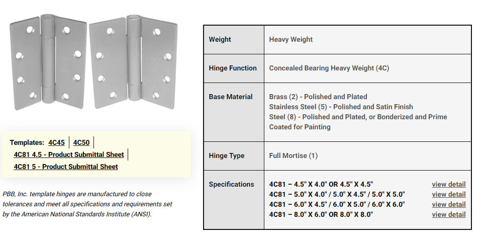 PBB 4C515045630 4C51 5.0"x4.5" Three Knuckle Concealed Bearing Heavy ...