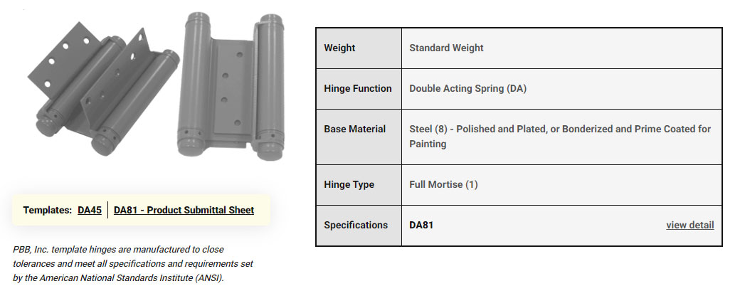 PBB DA816045800 DA81 6"X4.5" Double Acting Spring Hinge - 800 US1D ...