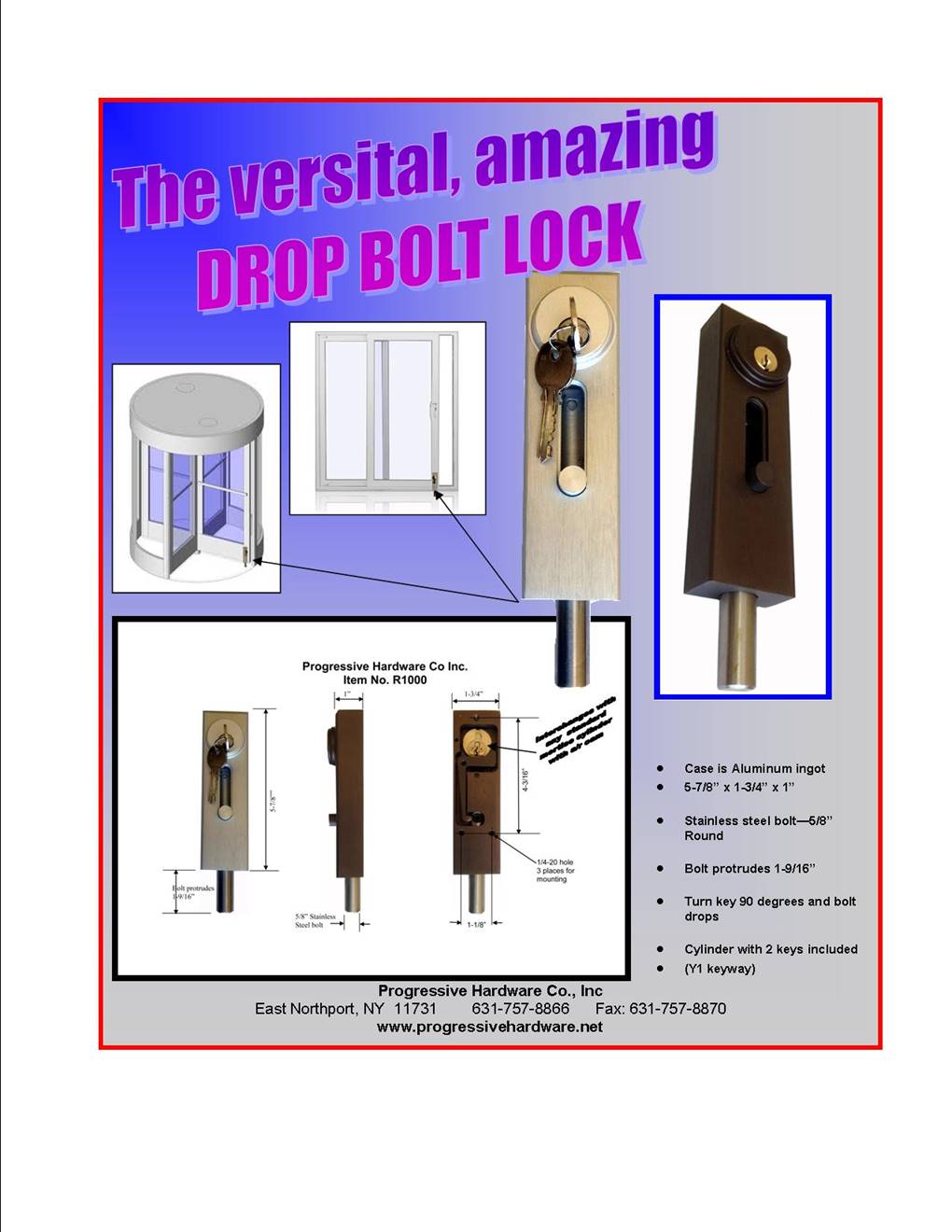 Progressive R1000 Revolving Door & Sliding Door Drop Bolt - Satin Aluminum