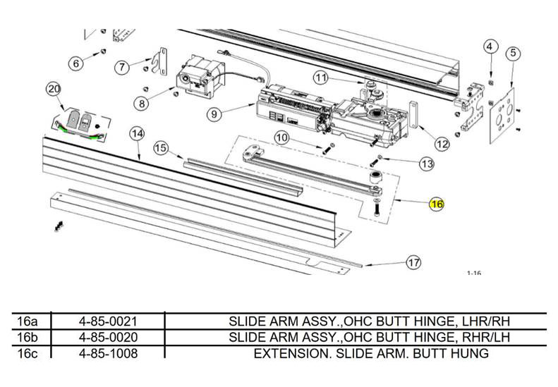 Record 4-85-0021 Slide Arm Assembly - OHC Butt Hinge, RH
