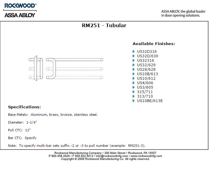 Rockwood RM251-68x12-630 Offset Tubular Push Pull Set - 68" x 12" CTC x ...