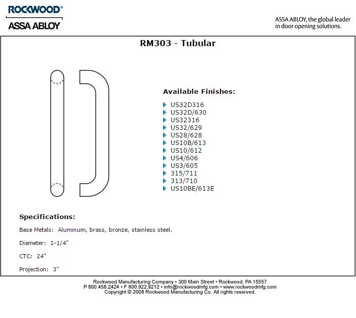 Rockwood RM303-24-630 Straight Tubular Pull Bar - 24" CTC x 1-1/4 ...