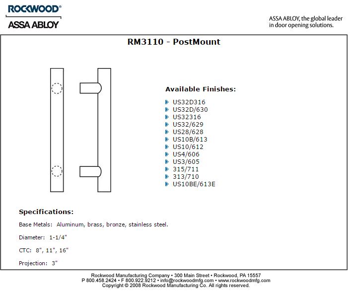 Rockwood RM3110-16-630 Straight Square Ends Post Mount Pull Bar - 16 ...