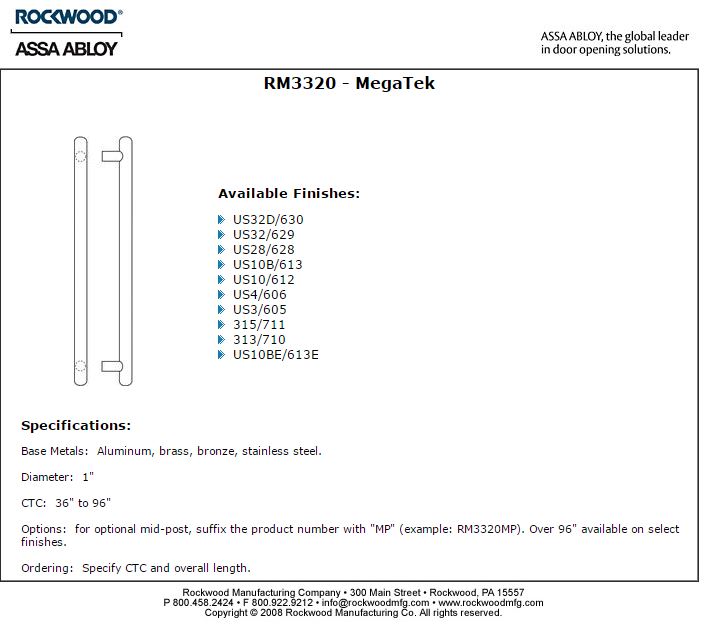 Rockwood RM3320-86-710 Straight Round Ends MegaTek™ Long Door Pull Bar ...