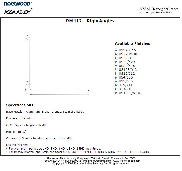 Rockwood RM412-711 Right Angle Push-Pull Bar with One Bent End without ...