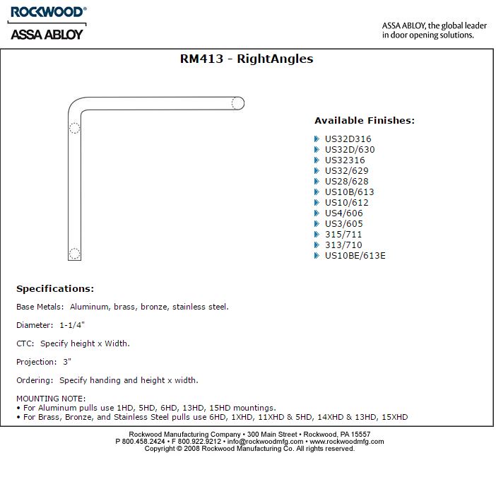 Rockwood RM413-613 Right Angle Push-Pull Bar with One Bent End without ...