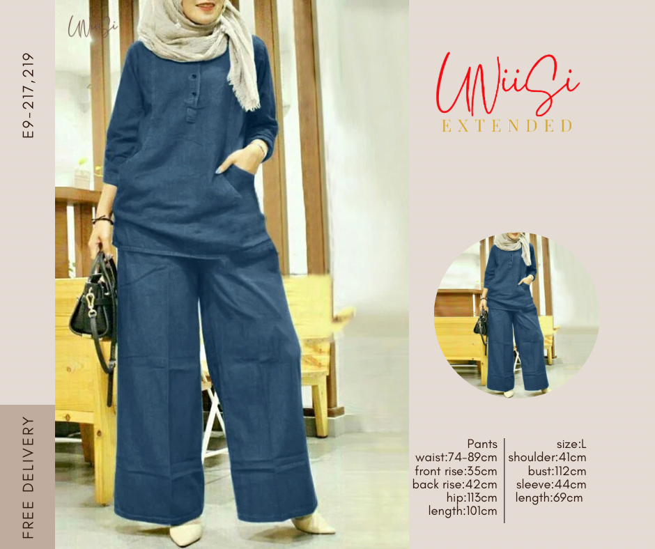 eTukuri - Products | Pleated 3/4 Sleeve Blouse with Wide Leg Long Pants