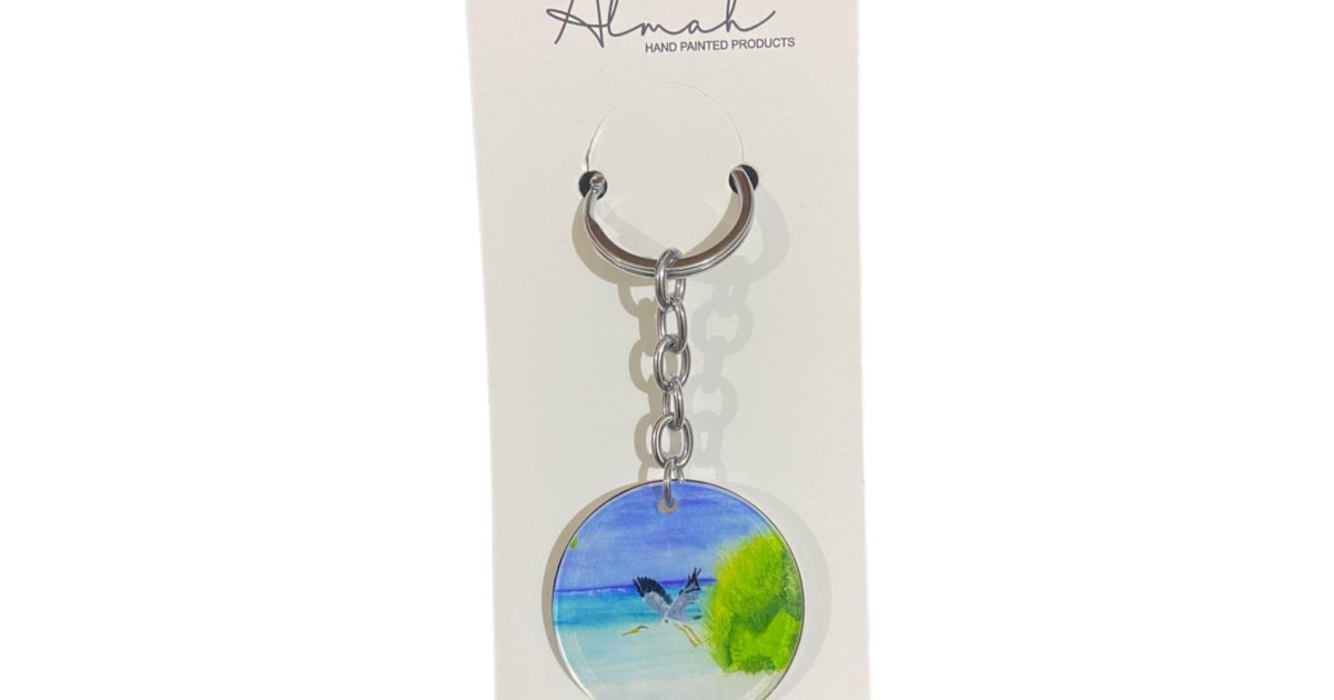 eTukuri - Products | Key tag -Grey heron landing on beach