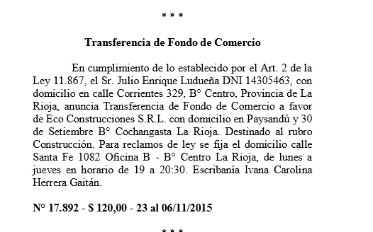Ley 11687 Transferencia de un fondo de comercio timeline | Timetoast