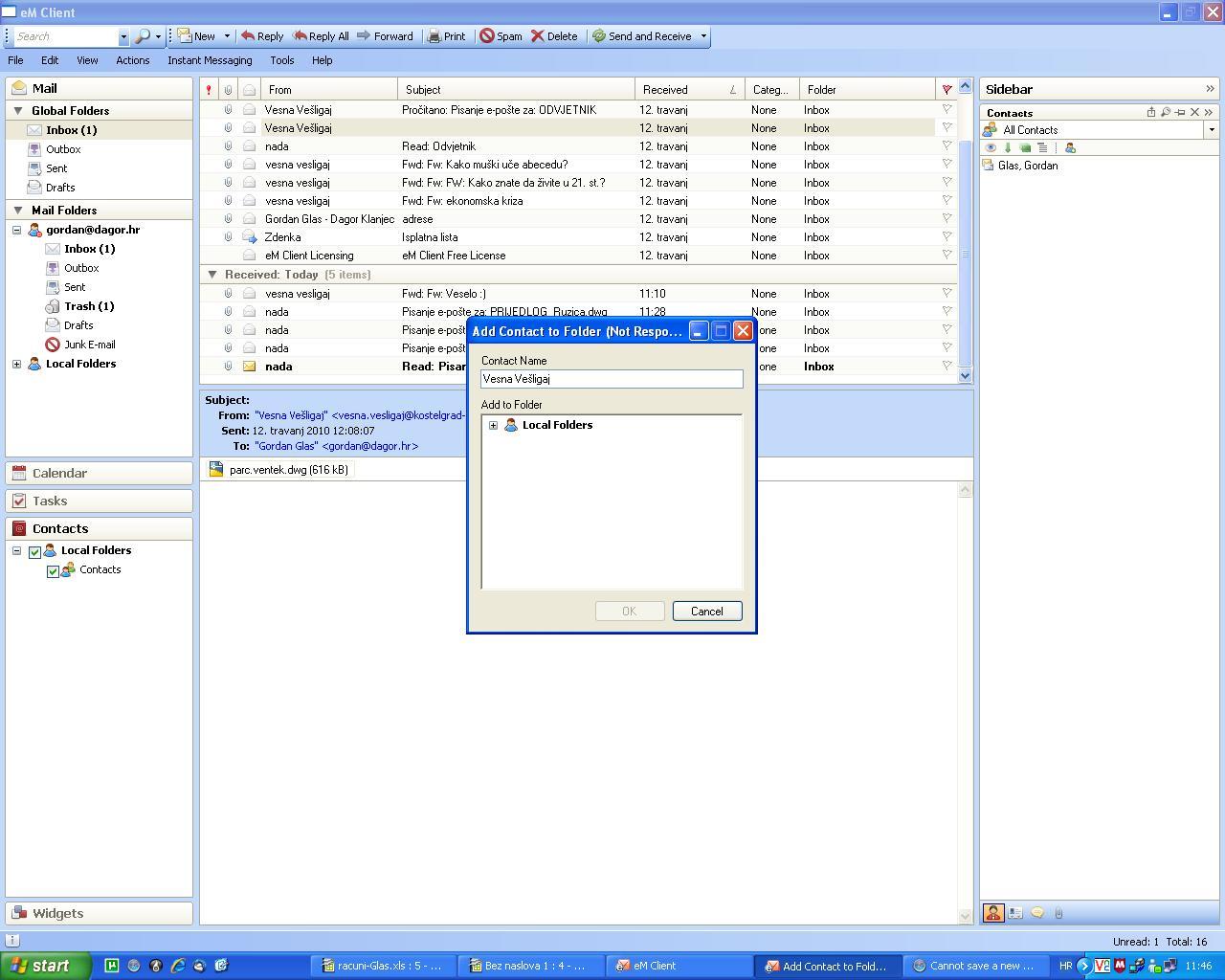 Cannot save a new contact. System crashes. - eM Client