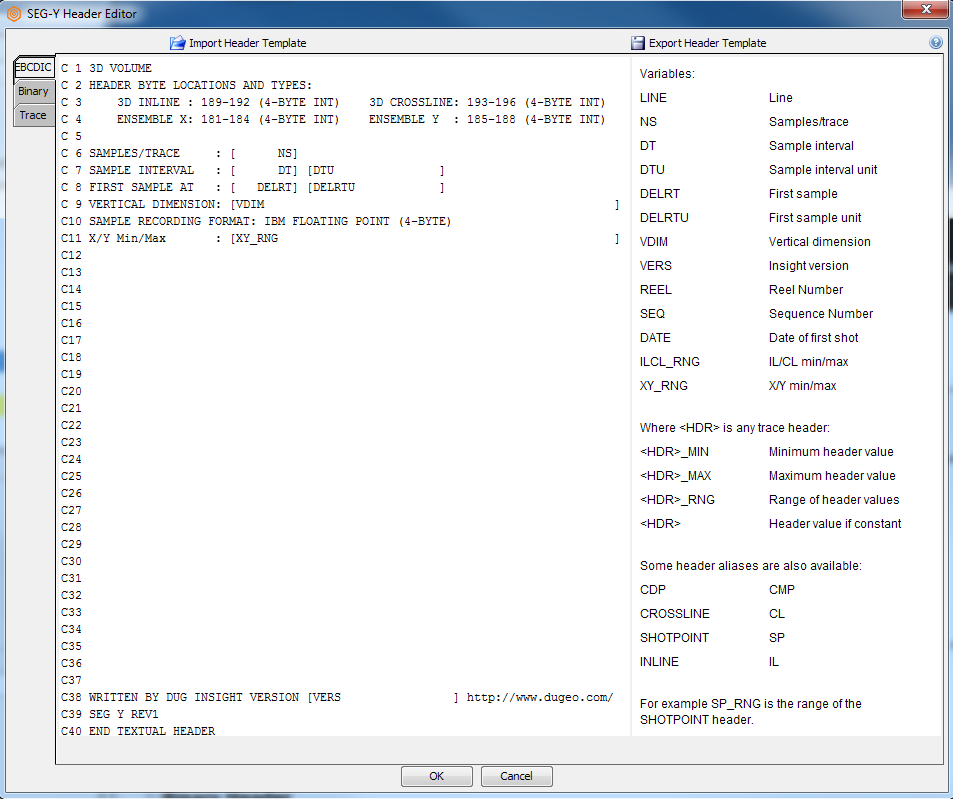 Setting the SEG-Y text (EBCDIC) header (export) | DUG Insight 4 User Manual | DUG Insight User ...