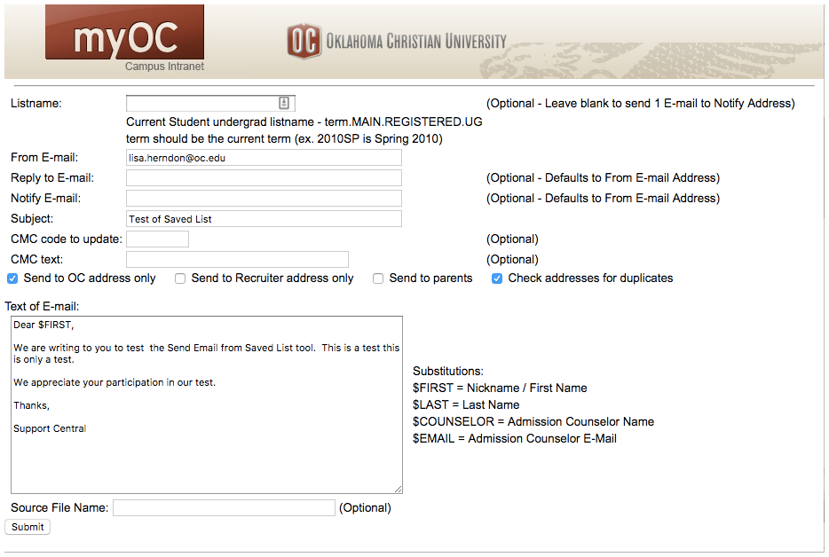 Colleague - Send Email to Saved Colleague List – Oklahoma Christian ...