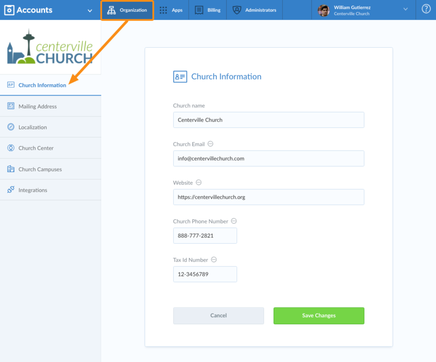 Add Church Information – Accounts