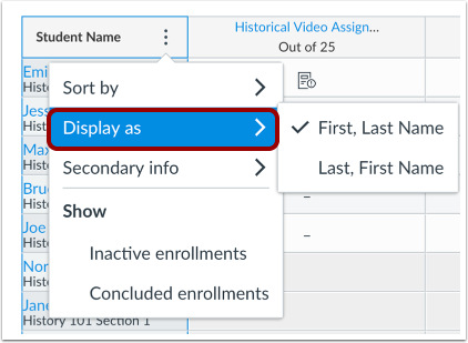 How do I sort and display student names in the Student Name column in ...