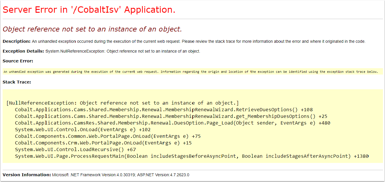 Payment Error/Server Error: Object Reference Not Set When Member tries to Pay Dues – Customer ...