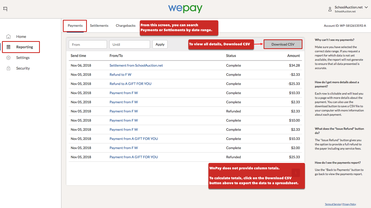 Generating Reports from your WePay.com account – Auction Help Home