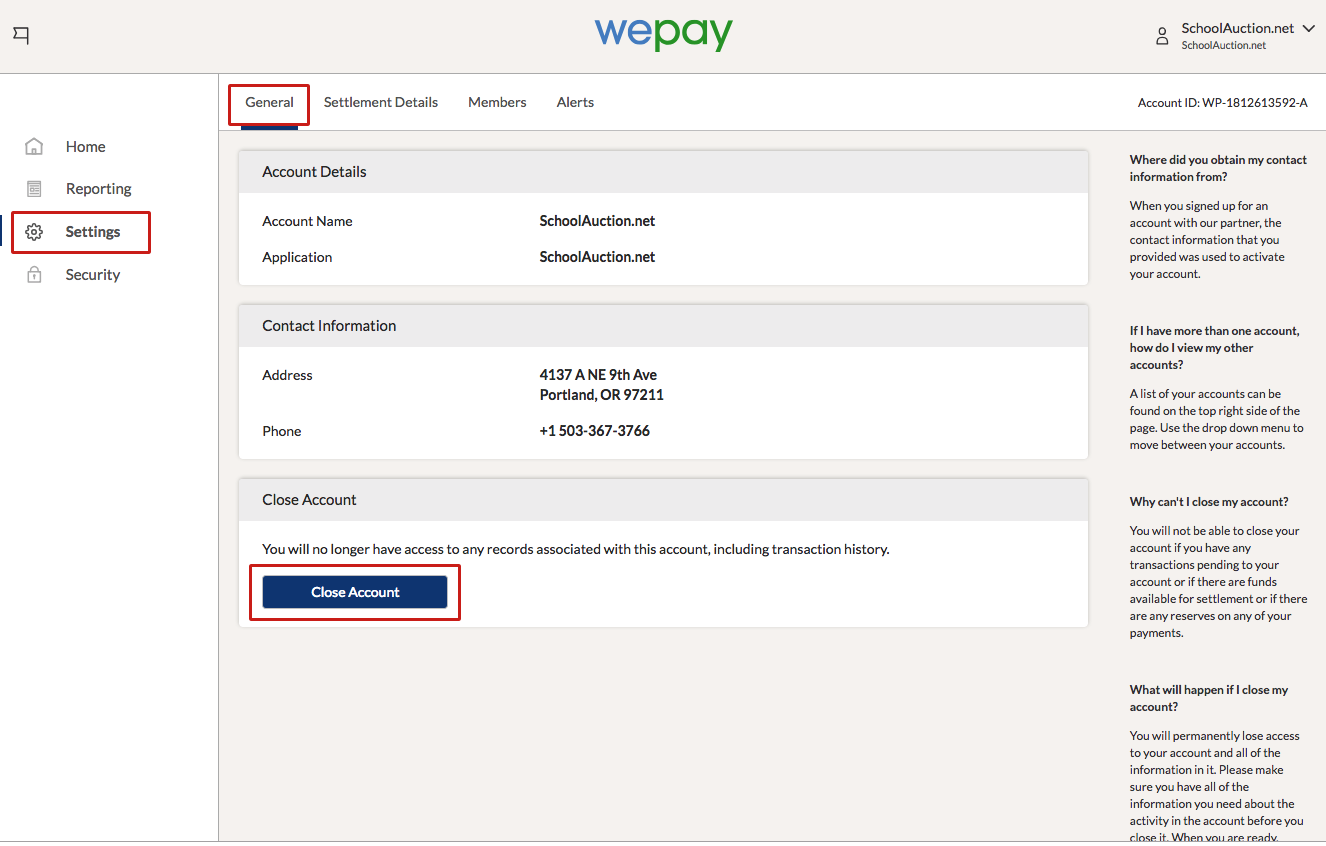 Editing an Existing WePay.com account – Auction Help Home