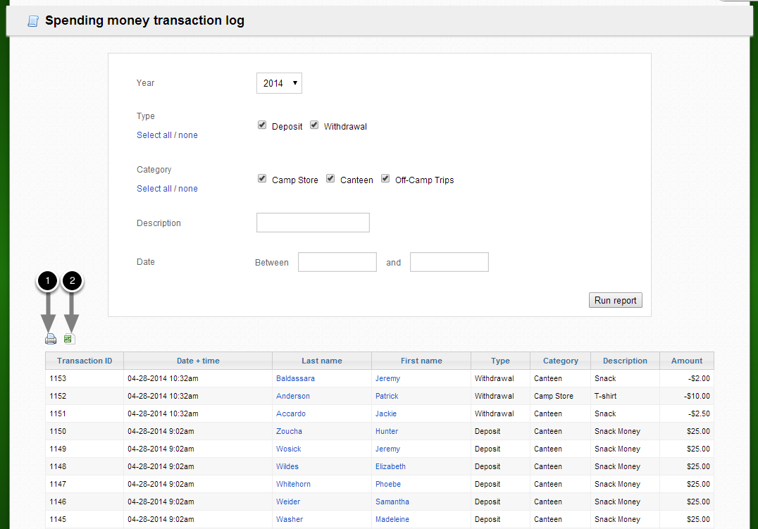 Spending Money Transaction log – CampSite Support
