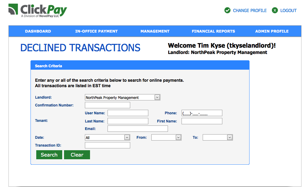 ClickPay: Using the Declined Transactions Report