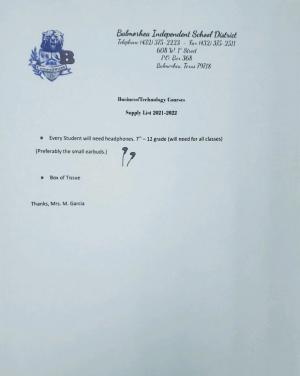 Balmorhea ISD - 2021-2022 Supply Lists