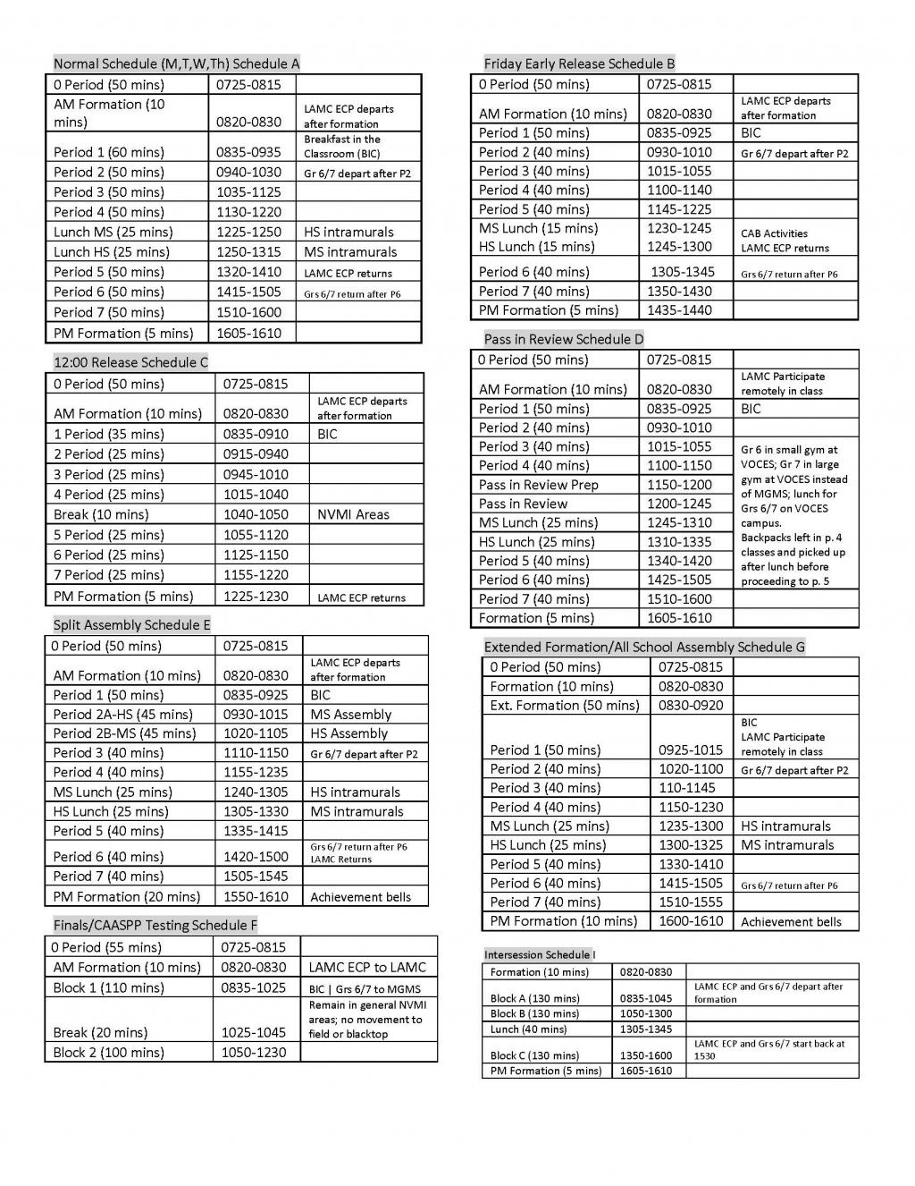 North Valley Military Institute Bell Schedule