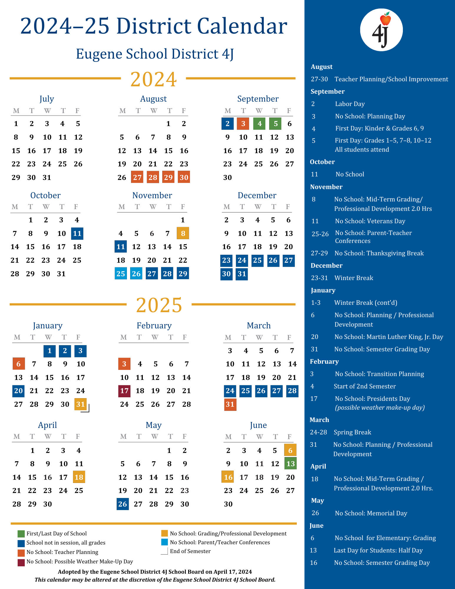 Eugene School District 4J Calendars Eugene School District 4J Calendars