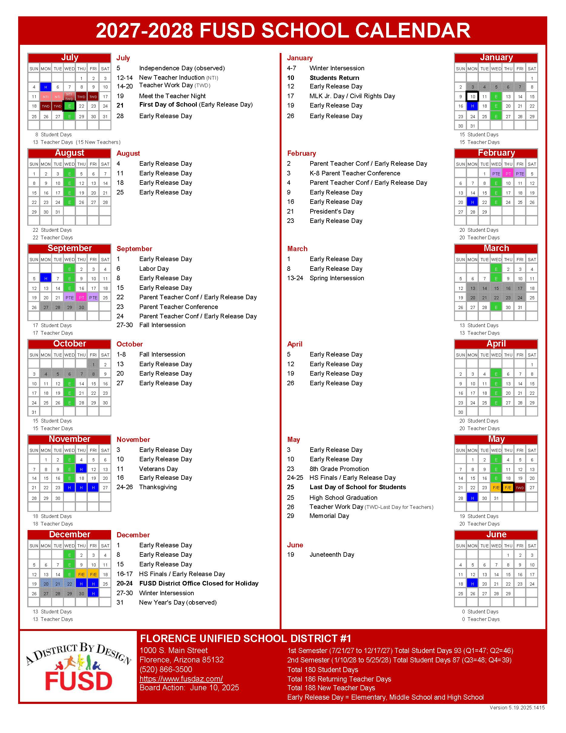 Florence Unified School District - Approved Calendars (Current & Upcoming)