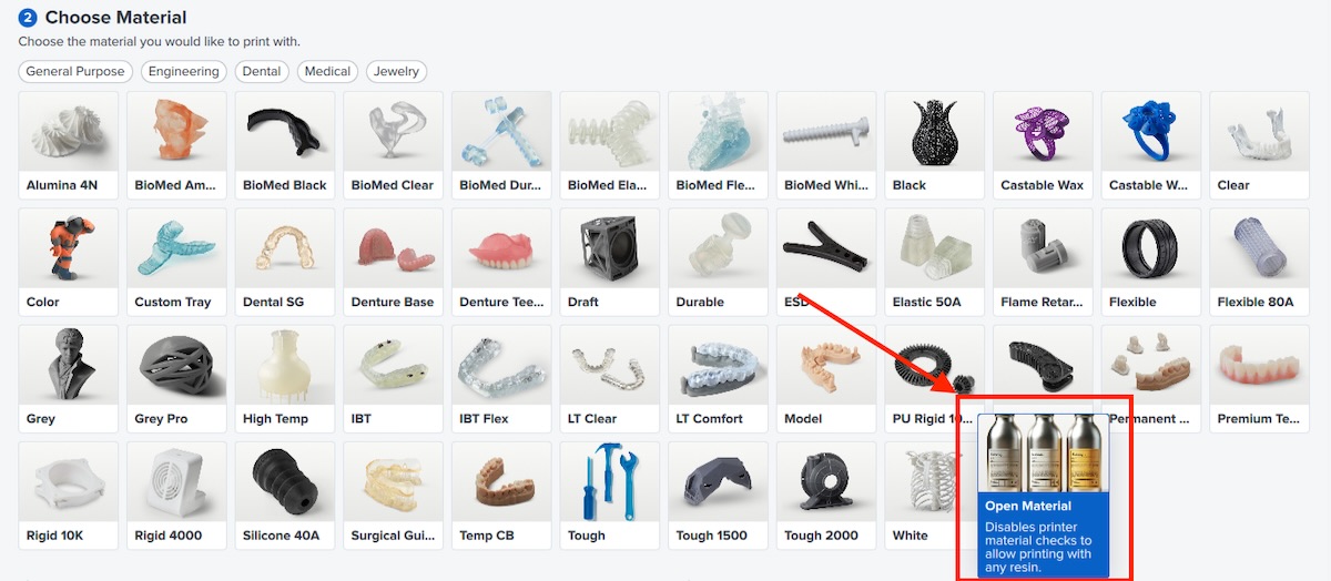 Printing with Open Material Mode (SLA)