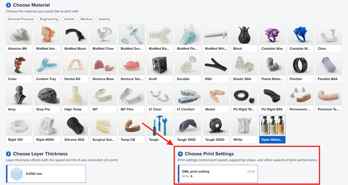 Printing with Open Material Mode (SLA)