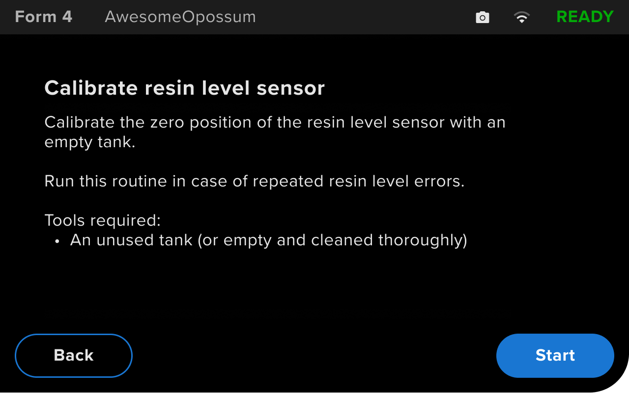 Calibrating the resin level sensor (Form 4 generation)