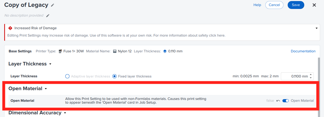Printing with Open Material Mode (SLS)