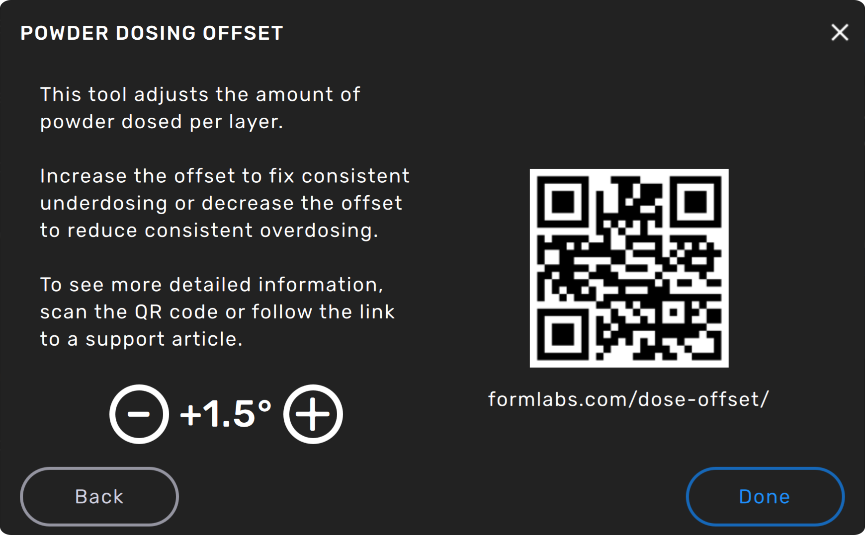 Adjusting the Powder Dosing Offset (Fuse 1+ 30W)